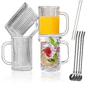Glass Coffee Mugs Clear Mug - 14 Oz Ribbed Mugs with Straw Spoon Classical Vertical Stripes Glass Tea Cups With Lids Set of 4 - Elegant Lovely Gifts for Anniversary Weddings Christmas Birthday