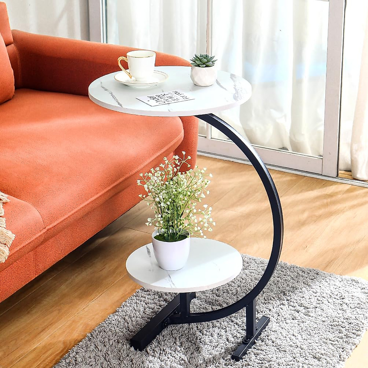 BAOYOUNI Round End Storage Table C-Shaped Sofa Coffee Side Table Circle Potted Plant Stand with Shelf and Metal Frame for Small Spaces, Living Room, Bedroom, Office
