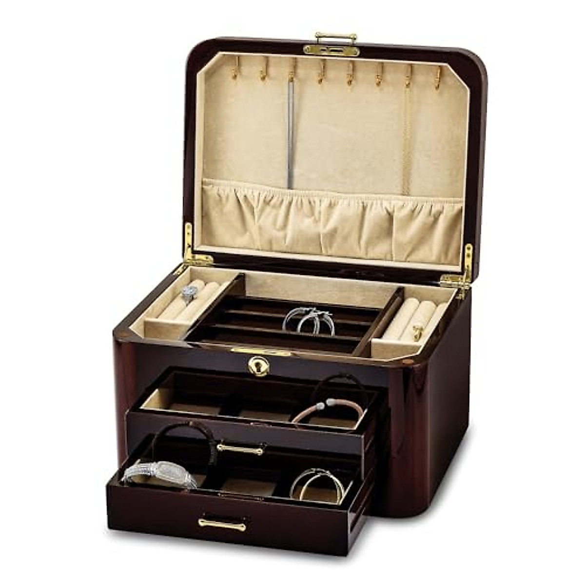 Diamond2Deal Burgundy Bubinga Wood Veneer 2 Drawers Jewelry Box for Women