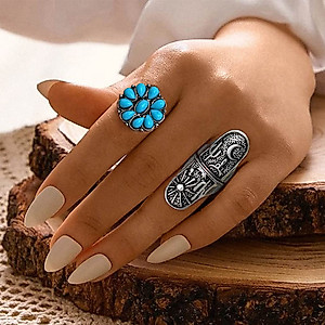 ELABEST Size7-9 Western Ring Set Silver Turquoise Cactus Arrow Flower Carved Retro Stackable Joint Knuckle Finger Rings Sets for Women(9 Pcs)