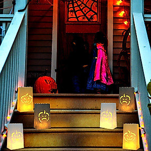 URATOT 36 Pieces Halloween Luminary Bags Jack-o'-Lantern Bags Pumpkin Silhouette Paper Bags Flame Resistant Lantern Bags Luminary Candle Bags 3 Designs for Halloween, Party, Home