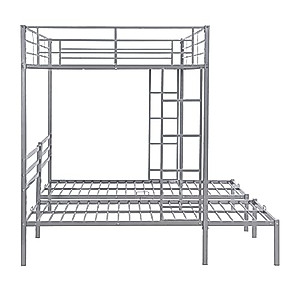 DEYOBED Full Over Twin & Twin Metal L-Shaped Triple Bed Bunk Bed with Built-in Shelf and 2 Ladders - Space-Saving and Organized Sleep Space for Kids, Teens, Adults