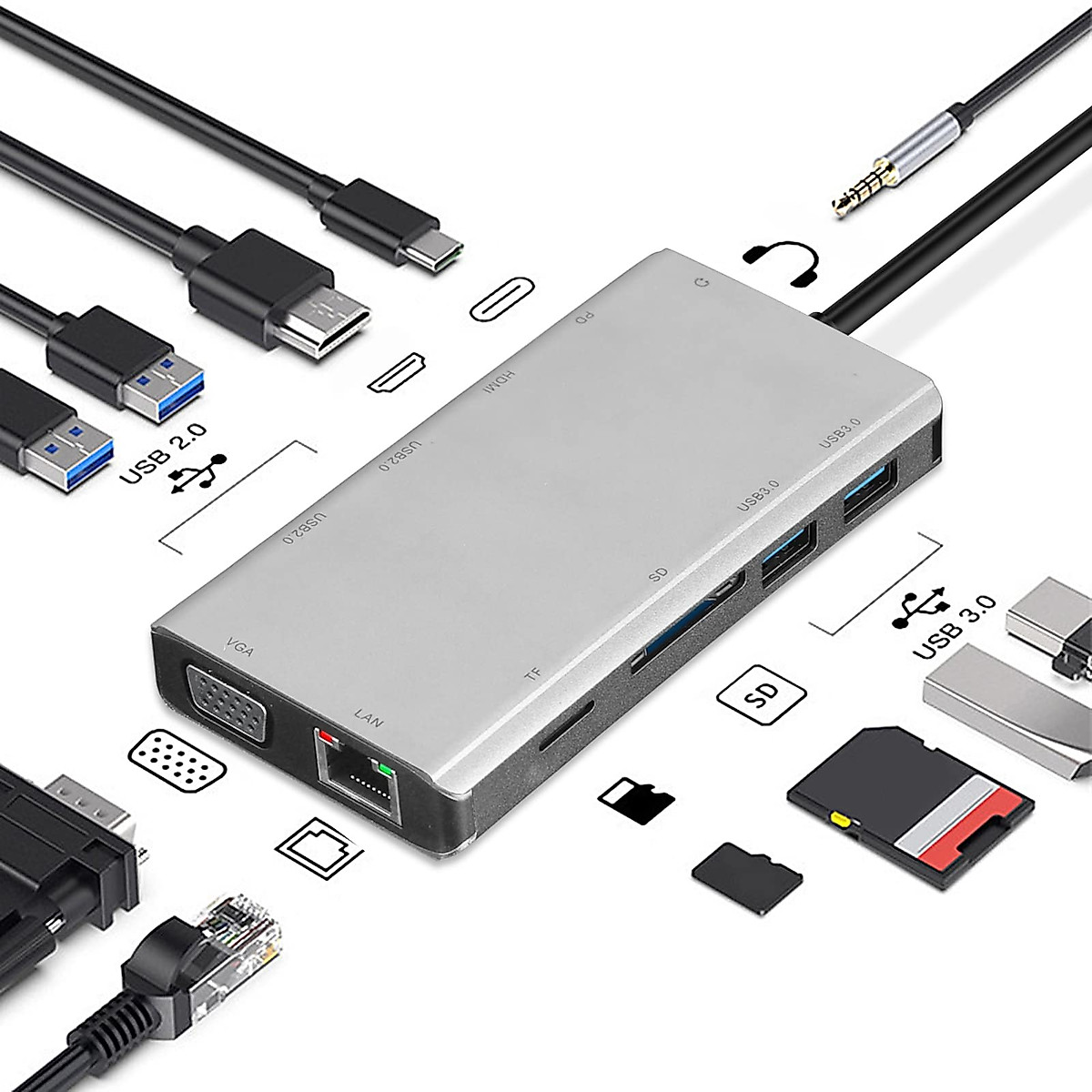 GIFZES USB Hub 3.0, USB C Adapter and 11-in-1 Docking Station, 11-in-1 USB C Hub Universal Type-C Adapter Dongle Mini Docking Station with 4 USB Ports SD/TF Card Reader VGA for MacBook Type-C Laptops