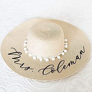 Personalized Beach Hat | Custom Tan Hat with White Poms | Women’s Floppy Hat | Mrs Honeymoon Foldable Sun Hat for Bride