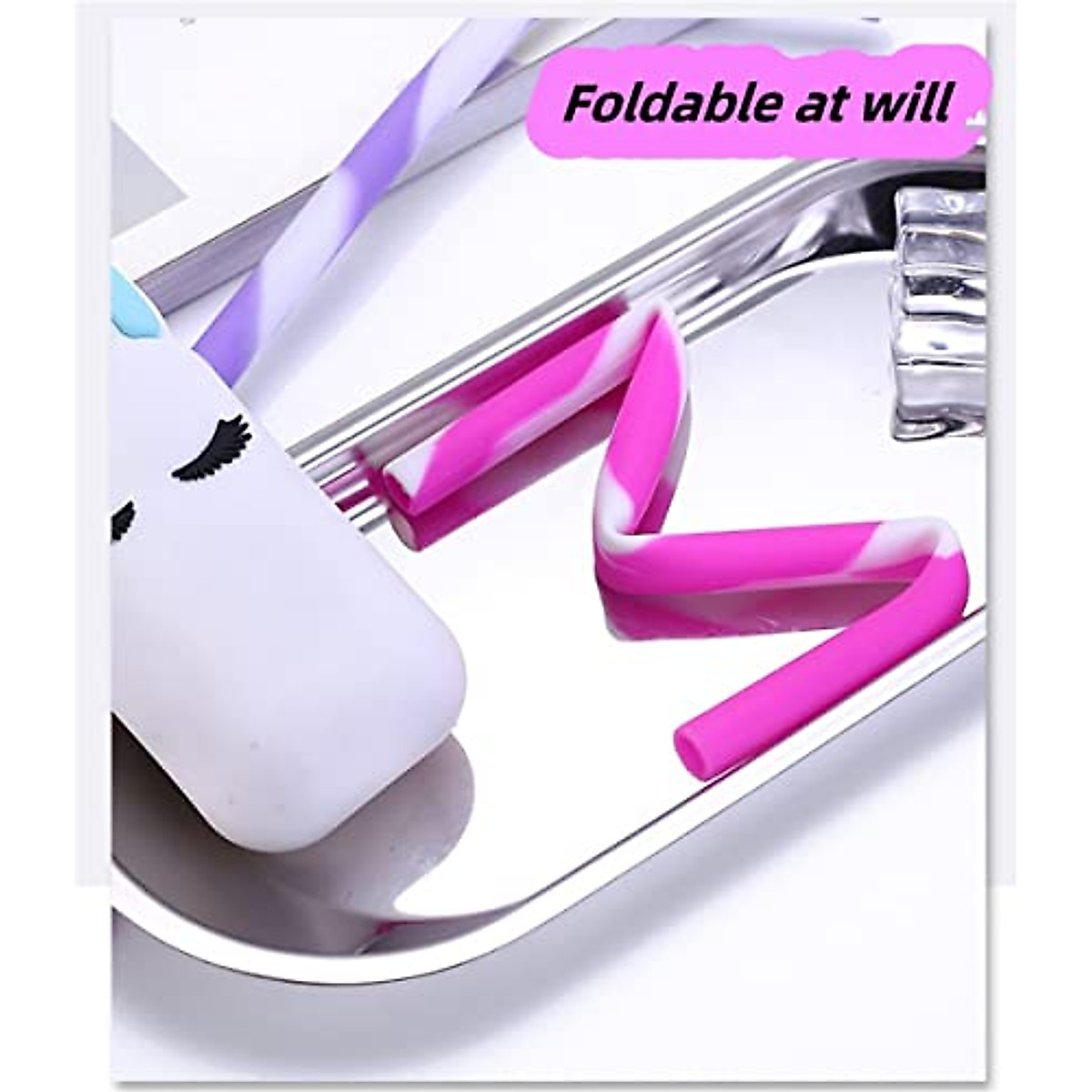 Collapsible Reusable Silicone Straws Portable Folding Drinking Straw Free with Travel Case & Cleaning Brush for Party Travel Household Cold or Hot Straws (B)