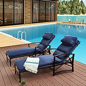 Festival Depot 2 Pieces Patio Outdoor Chaise Lounge Recliner Chairs with Cushions Set Premium Fabric Metal Frame Furniture Garden Bistro Soft Headrests (Blue)