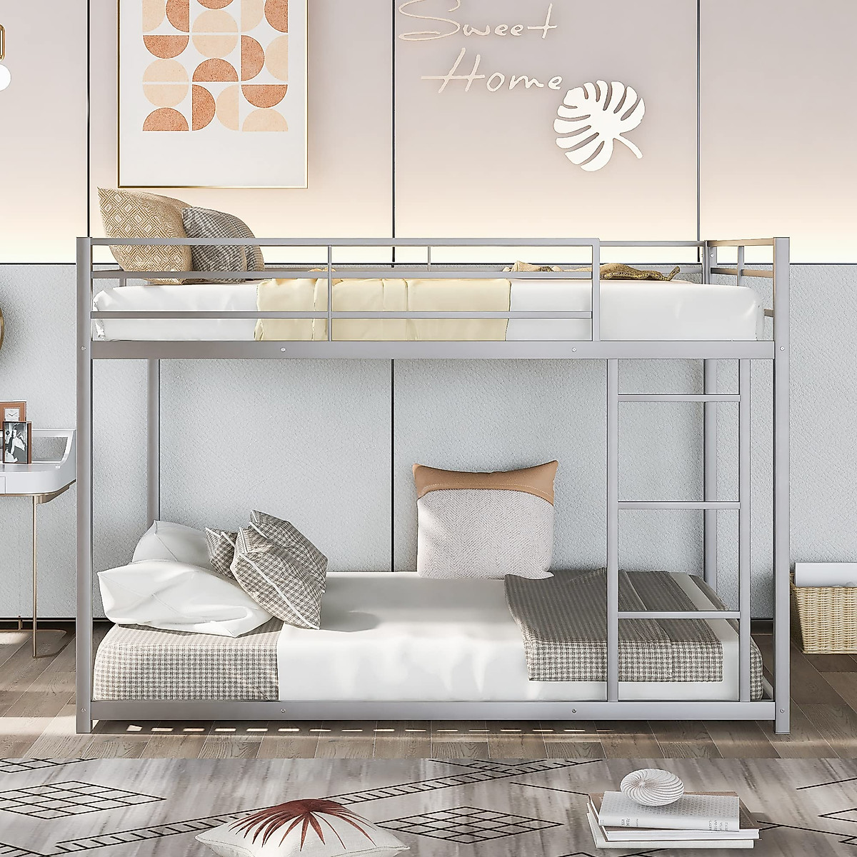 Full Over Full Bunk Bed with Ladder,Metal Floor Bunk Bed Frame with Safety Guardrail and Steel Slats Support for Kids Teen Girls Boys Adults Bedroom Furniture,Heavy Duty Metal Bed Frame (Silver, Full)