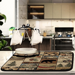 Rustic Cabin Lodge Bear Tree Dish Drying Mat for Kitchen Countertop, Absorbent Dishes Drainer Fast Drying, Drying Mat 18 X 24 Inch