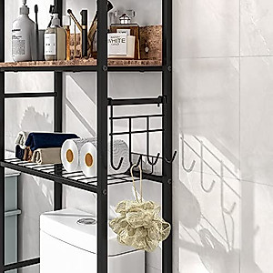HOJINLINERO Over The Toilet Storage Shelf, 4-Tier Bathroom Over The Toilet Organizer Rack with 4 Hooks, Bathroom Shelf for Bathroom, Space Saver, Metal Frame, Rustic Brown