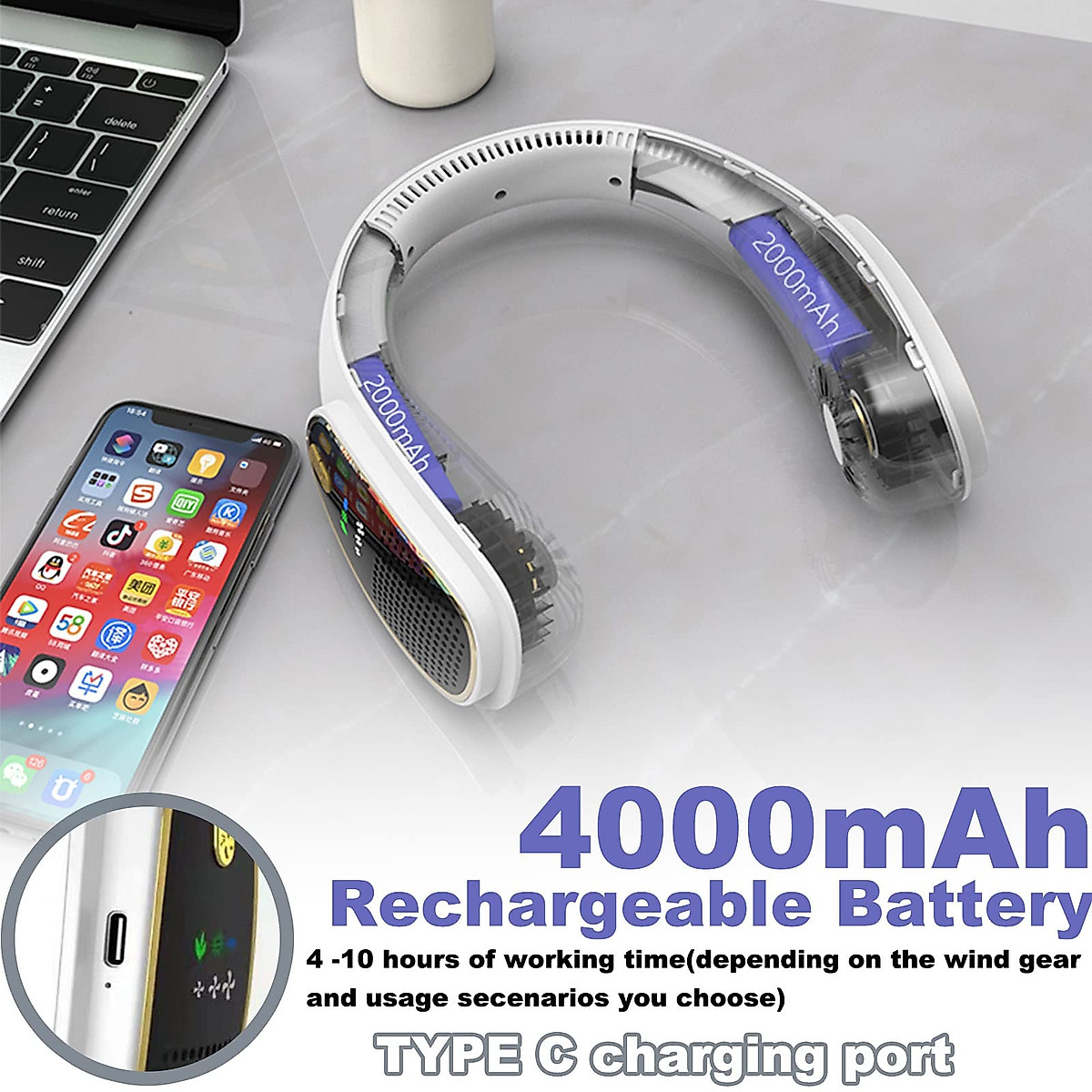 Portable Neck Fan，4000mAh USB Rechargeable Personal Fan,3 Speeds 83 Air Outlet 360° Cooling Wearable Fan，Hand-free Neck Fan with Led screen for Women, Men, Office, Travel, Outdoor