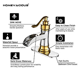Homevacious Bathroom Faucet Waterfall Single Handle Chrome and Gold Vanity with Pop Up Drain with Overflow One Hole Lever Bath Sink Basin Restroom Mixer Tap Commercial Supply Line Lead-Free