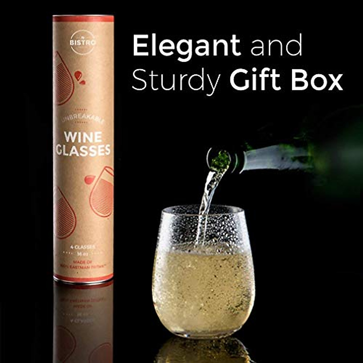 YO BISTRO Unbreakable Stemless Wine Glasses | Set of 4 + Gift Box | 100% Tritan Shatterproof Plastic | 16 Oz | Dishwasher Safe