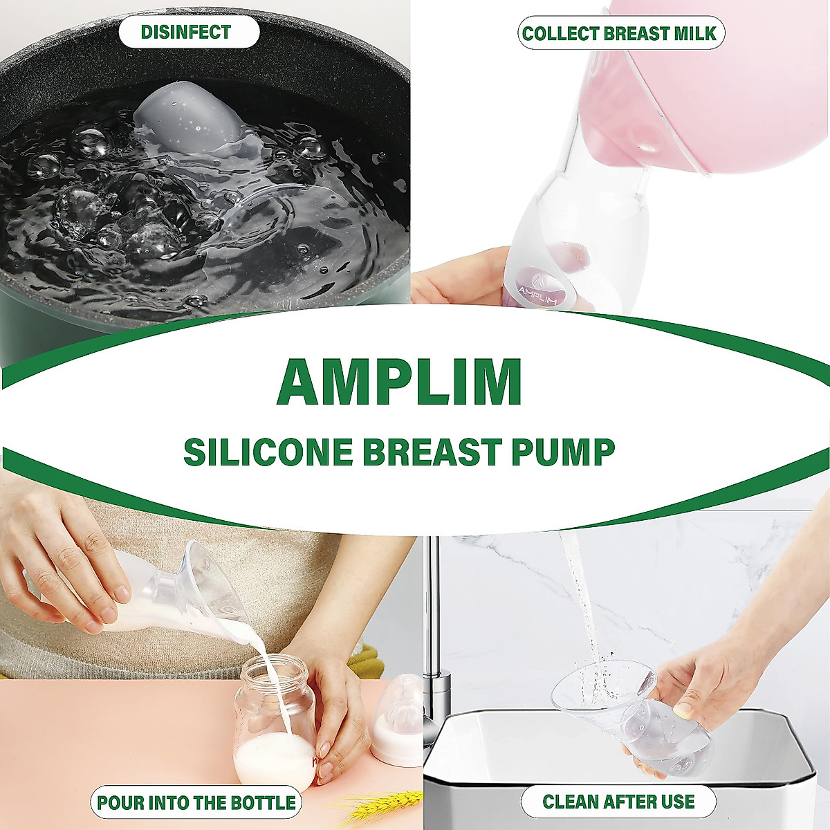 Amplim Gen 2 Manual Breast Pump/Collector for Breastfeeding with Stopper (2-Pack 4 oz/100ml) Food Grade Silicone BPA PVC and Phthalate Free (Blue + Green)