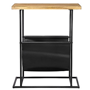MyGift 21-Inch Modern Narrow Living Room End Table with Solid Burnt Wood Tabletop and Black Metal Frame, Bedroom Nightstand Side Table with Magazine Holder Sling