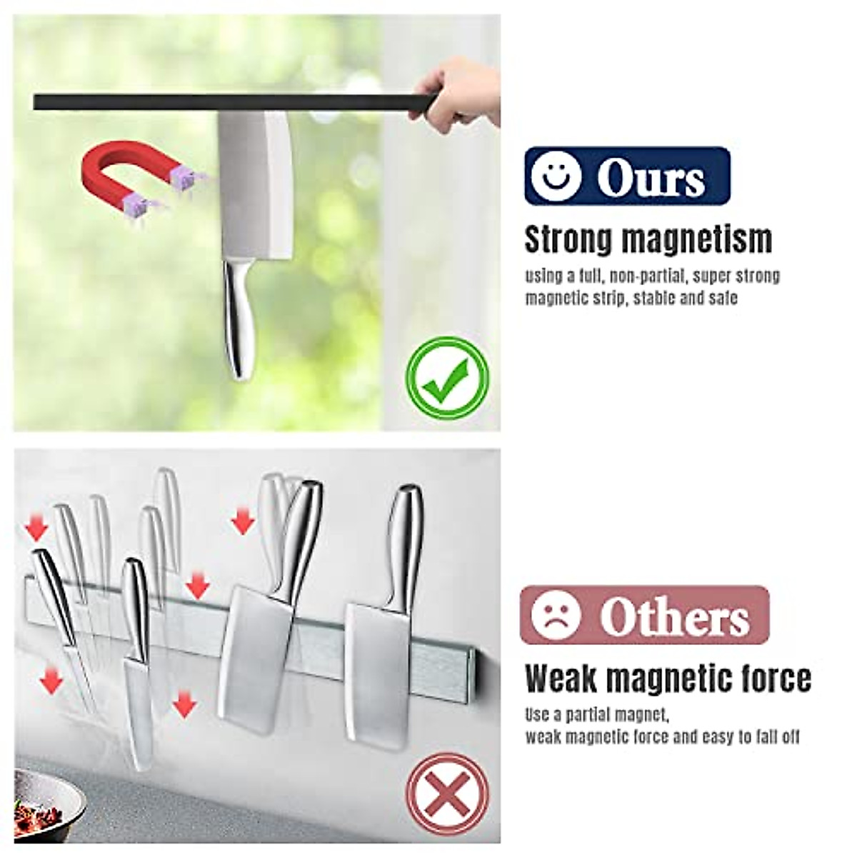 Dmore magnetic knife holder for wall—with 3 hooks, No Drilling 16 Inch black knife magnetic strip, Powerful knife magnet rack, include Adhesive Tape and screws for Knives, Utensils, and Tools