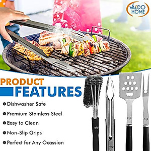 Valdo Home Heavy Duty BBQ Grill Tool Set Stainless Steel Utensils Kit Locking Tongs, Spatula, Fork, Barbecue Grill Cleaning Brush - Barbecue Grilling Accessories