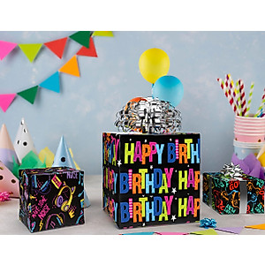 ZINTBIAL Gaming Birthday Wrapping Paper for Boys Girls Kids Baby Shower - Black Gift Wrapping Paper with Colorful Gamepad, Pink Headphones, Happy Birthday - 20 x 29 Inches per Sheet (8 Folded Sheets), Recyclable, Easy to Store, Not Rolled