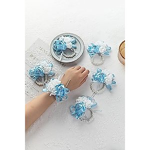 AUOTILY 6pcs/lot DIY Silk PE Rose Flowers Wedding Bride Wrist Corsage Women Girls Hand Flower Groom Boutonnieres Man Suit Party Decor (Light Blue)