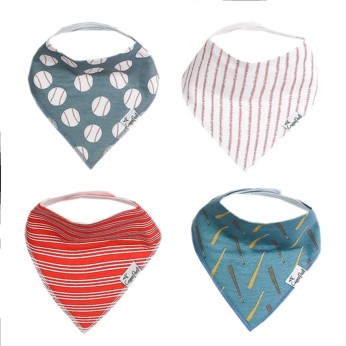 Copper Pearl Baby Bandana Bibs - 4 Pack Soft Cotton Baby Bibs for Drooling and Teething, Absorbent Drool Bibs for Baby Girl and Boy, Adjustable to Fit Newborns to Toddlers, Tons of Styles (Slugger)