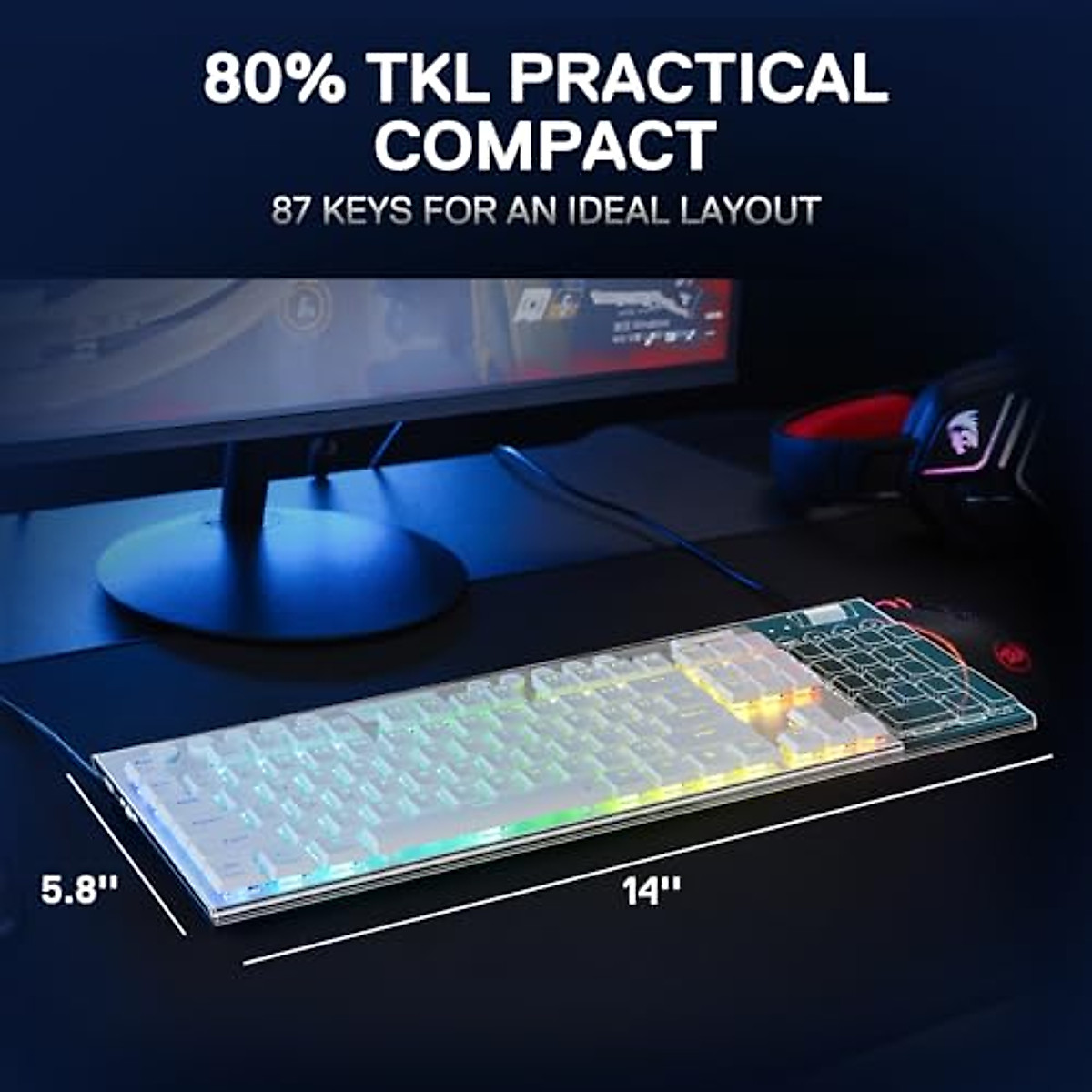 Redragon K621 Horus TKL Wireless RGB Mechanical Keyboard, 5.0 BT/2.4 Ghz/Wired Three Modes 80% Ultra-Thin Low Profile BT Keyboard w/Dedicated Media Control & Linear Red Switches, White