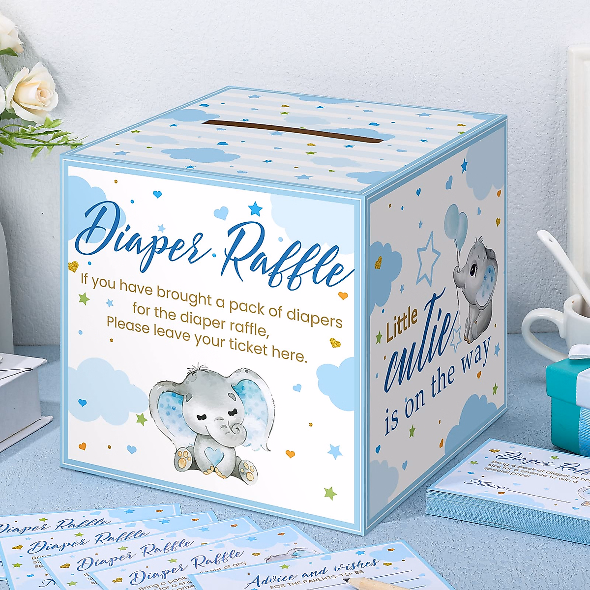 Teling 51 Pieces Diaper Raffle Tickets with Diaper Raffle Card Box Baby Shower Decorations Baby Shower Holder Box for Girl Boy Diaper Raffle Party(Blue Elephant)