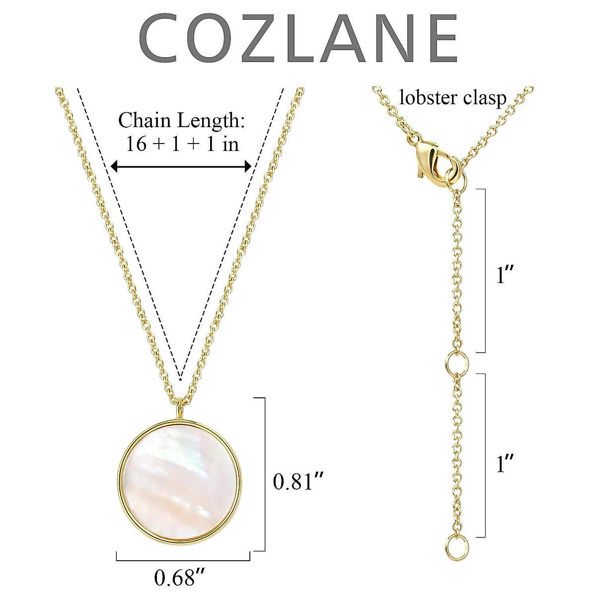 COZLANE 14k Gold Plated Mother of Pearl Shell Pendant Necklaces | Double Sided Round Pendant Necklaces Cute Pendant Necklaces for Women