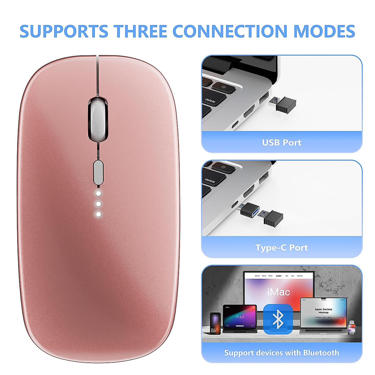 ShuGuoTu Wireless Mouse, 2.4G Slim Mute Silent Click Noiseless Optical Mouse with USB Receiver and Type C Adapter Compatible with Notebook, PC, Laptop, Computer, MacBook (Rose Gold)