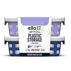 Ello Plastic Divided Container Food Storage Portion Control Set with Locking Leak-Proof Lids, 2 Set 4 Cup, Purple/Blue