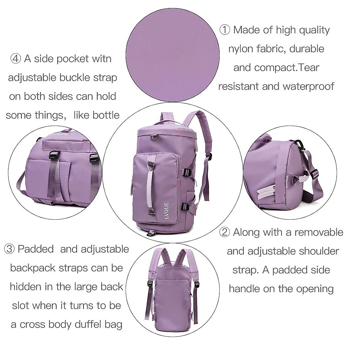 fancyfree Multipurpose Travel Backpack, Large Capacity Gym Duffle Bag, Daily Sport Backpack Tote with Individual Shoe Pockets for Men and Women (Purple)