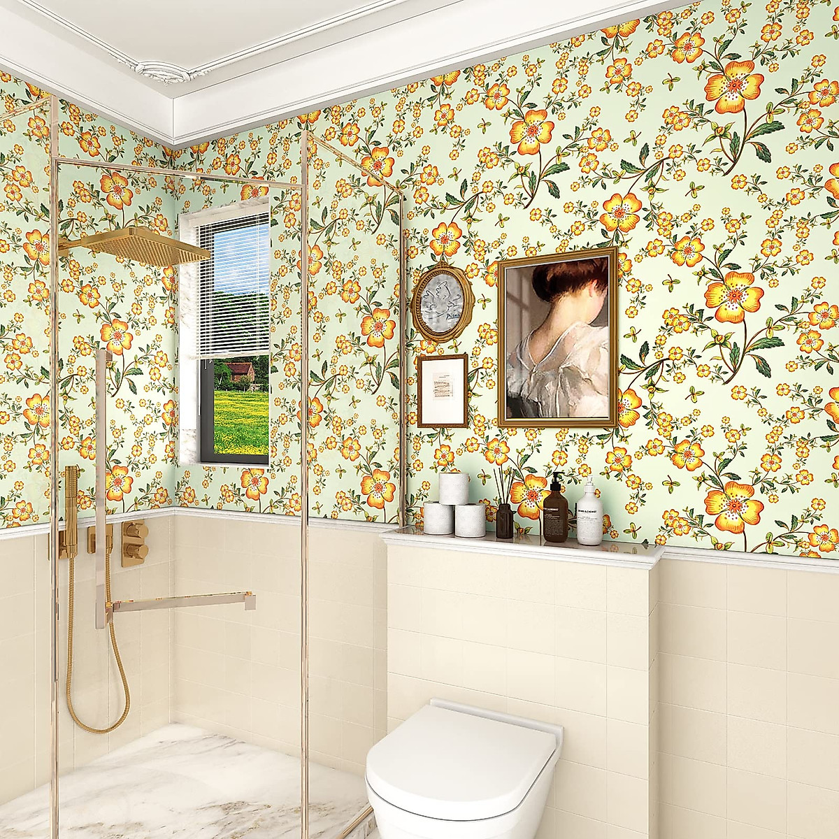 HotDecor 24"x118"Yellow Floral Wallpaper Peel and Stick Floral Contact Paper for Cabinets Walls Flower Wallpaper for Bedroom Bathroom Wall Paper Removable Botanical Wallpaper Mural Vinyl Roll