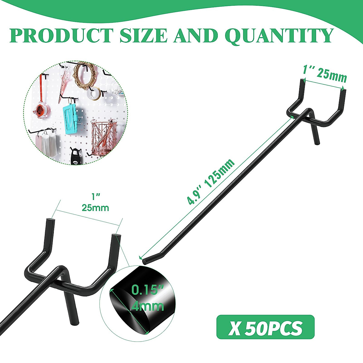 Yauhar 50Pcs 6"/15CM Pegboard Hooks Assortment Set, Metal Peg Board Hooks with 2.5mm Hole Pitch 4mm Wire Diameter Slatwall Hanging Hook for Garage Organization Wall Hanging (Black)