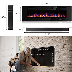 Vitesse 60 inch Ultra-Thin Electric Fireplace in-Wall Recessed and Wall Mounted Fireplace Heater,Linear Fireplace with Multicolor Flame,Timer,Low Noise,750/1500W,Touch Screen & Remote Control(60’’)