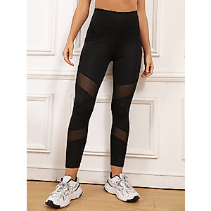 MakeMeChic Women's Mesh Insert High Waisted Workout Gym Athletic Leggings with Phone Pocket Black B S