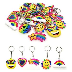 JZK 30 Pcs Rainbow keyrings set for kids, rubber smile face keychains for children birthday party favours, kids party bag fillers thankyou gift