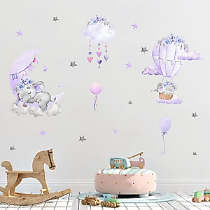 Yovkky Girls Purple Elephant Wall Decals Stickers, Moon Cloud Hot Air Balloon Flower Grey Stars Nursery Decor, Baby Shower Bedroom Decorations Toddler Kids Room Art Party Supply Gift
