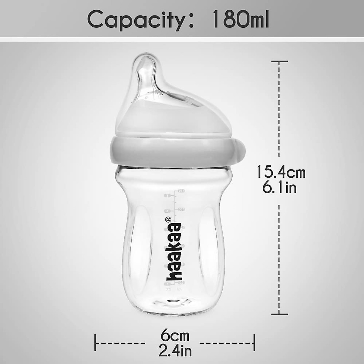 haakaa Glass Baby Bottle 2pk - 6oz/180ml for Baby Feeding, Anti-Colic Variable Flow Nipple, Wide Neck (Grey, 6m+)