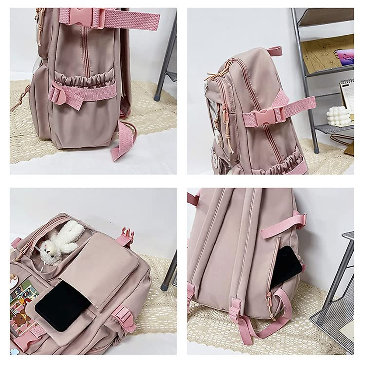 Kawaii Backpack with Kawaii Pin And Accessories, Cute Preppy Travel Backpack for Girls School with Plush Pendant (Beige)