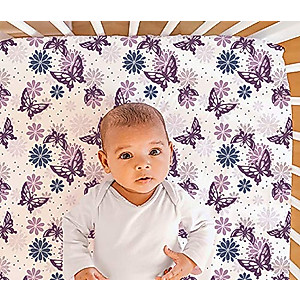 The Peanutshell Crib Sheet Set for Baby Girls - 2 Pack Set - Purple Butterfly & Purple Ditsy Floral