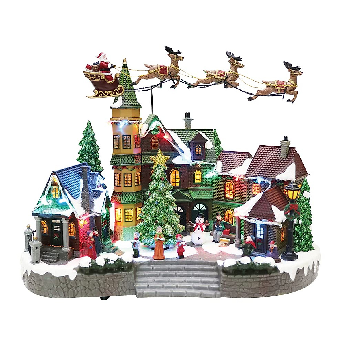 Christmas Village Centerpiece Decor, Santa Riding Sleigh Flying Over The Town Center, with Christmas Tree, featuring LED Lights, Christmas Music, and Animation - Power Adapter (included)