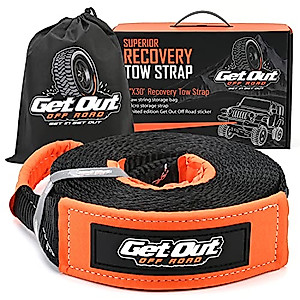 Get Out Off Road - Tow Strap Off Road Recovery 3'' X30' 30,000LB Break Strength - 4X4 Towing - Reinforced Loops - Emergency- 100% American Owned Company. Orange