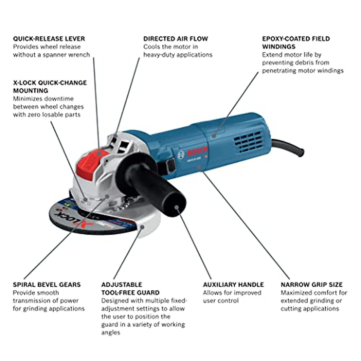 Bosch GWX10-45E 4-1/2 In. X-LOCK Ergonomic Angle Grinder with Bosch GWX27LM450 4-1/2 In. x 1/4 In. X-LOCK Arbor Type 27 30 Grit Metal Grinding Abrasive Wheel