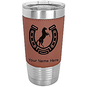 LaserGram 20oz Vacuum Insulated Tumbler Mug, Horseshoe with Horse, Personalized Engraving Included (Faux Leather, Dark Brown)