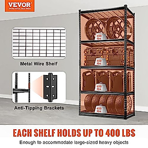VEVOR Storage Shelving Unit, 5-Tier Adjustable, 2000 lbs Capacity, Heavy Duty Garage Shelves Metal Organizer Wire Rack, Black, 36" L x 16" W x 72" H for Kitchen Pantry Basement Bathroom Laundry Closet