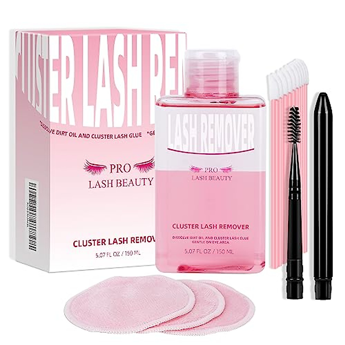 PRO Lash Glue Remover for Lash Clusters 150ML Adhesive Remover with 3 Reusable Cleansing Eco Pads 1 Eyelash Brush DIY Lash Extension Remover Eye Cleanser Quick removal of Lashes Gentle Soothing