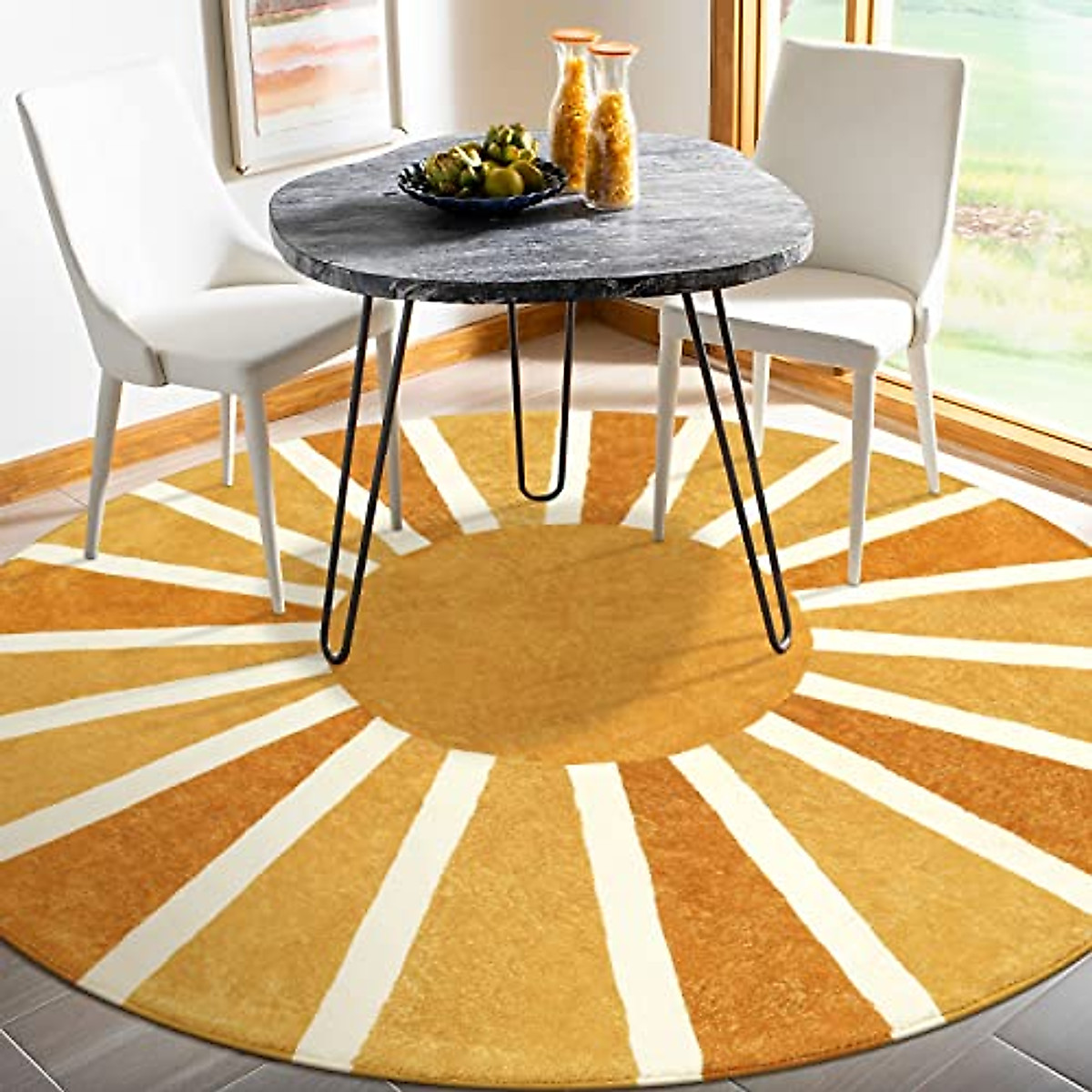 Lahome Boho Round Rugs - 4Ft Washable Non-Slip Small Round Area Rug Throw Soft Sofa Kids Nursery Room Rug Rainbow Sun Print Distressed Round Carpet for Bedroom Entryway Living Room Dining Room