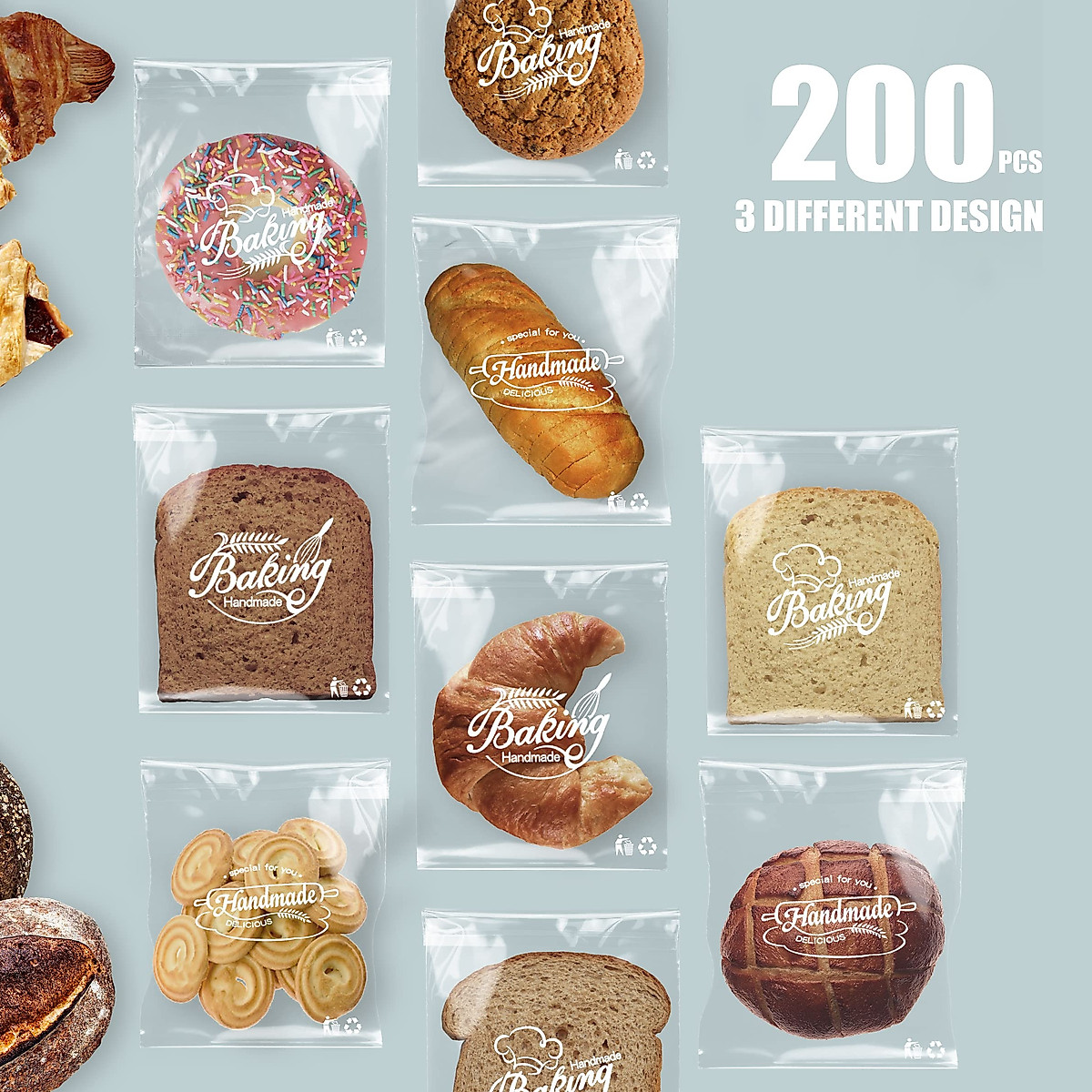 200pcs 6 x 7 Inch Baking Patterns Self Adhesive Packaging Bags, Clear Plastic Bags, Self Sealing Cellophane Bags Thick OPP Resalable Treat Bags for Packaging Bakery, Cookies, Homemade Bread Daily Use