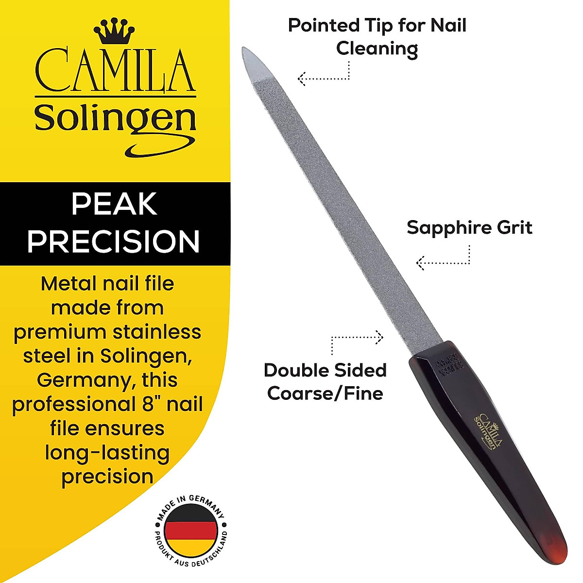 Camila Solingen CS19 8" Large Professional Sapphire Metal Nail File Pointed for Fingernail and Toenail Care. Double Sided Coarse Fine for Manicure / Pedicure. Made of Stainless Steel, Solingen Germany