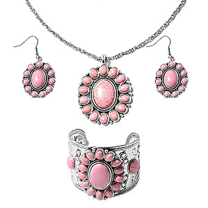 Howlite Jewelry Set - Pink Western Jewelry for Women - Turquoise Inspired Necklace, Earrings & Cuff Bracelet Set - Southwestern Chunky Statement Necklace in Stainless Steel - 26" Necklace Length