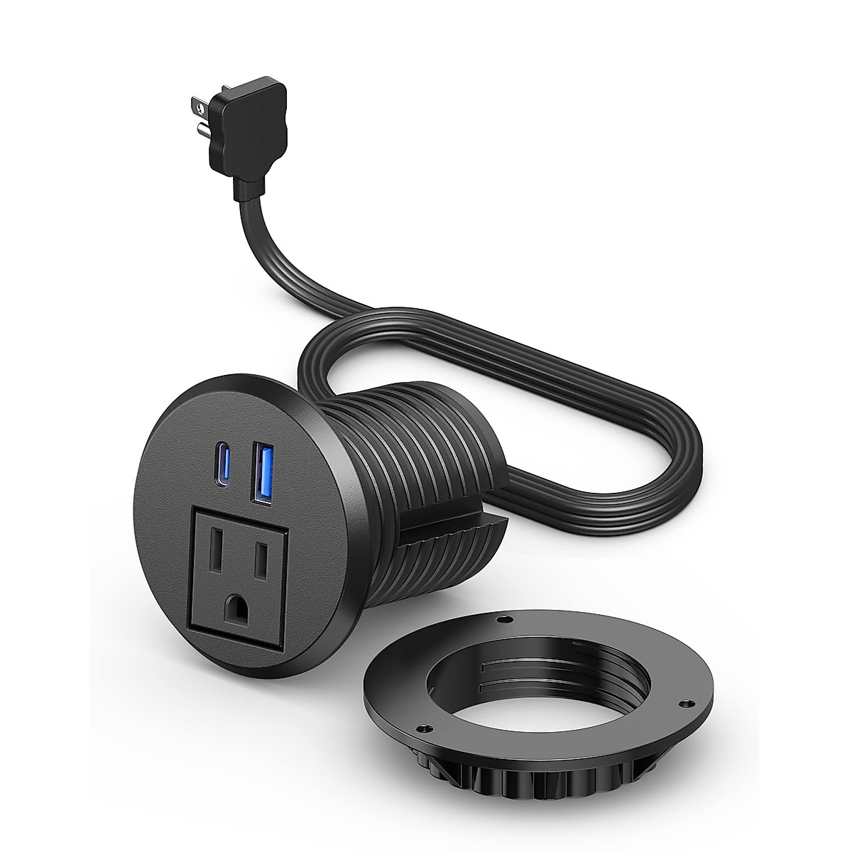 2 inch Desktop Power Grommet with PD 20W USB C,Ultra Thin Flat Plug Power Strip,Recessed Outlet,Slim Outlet Extender for Office,Table Outlets for Home, Office,6 ft Cable(Black)