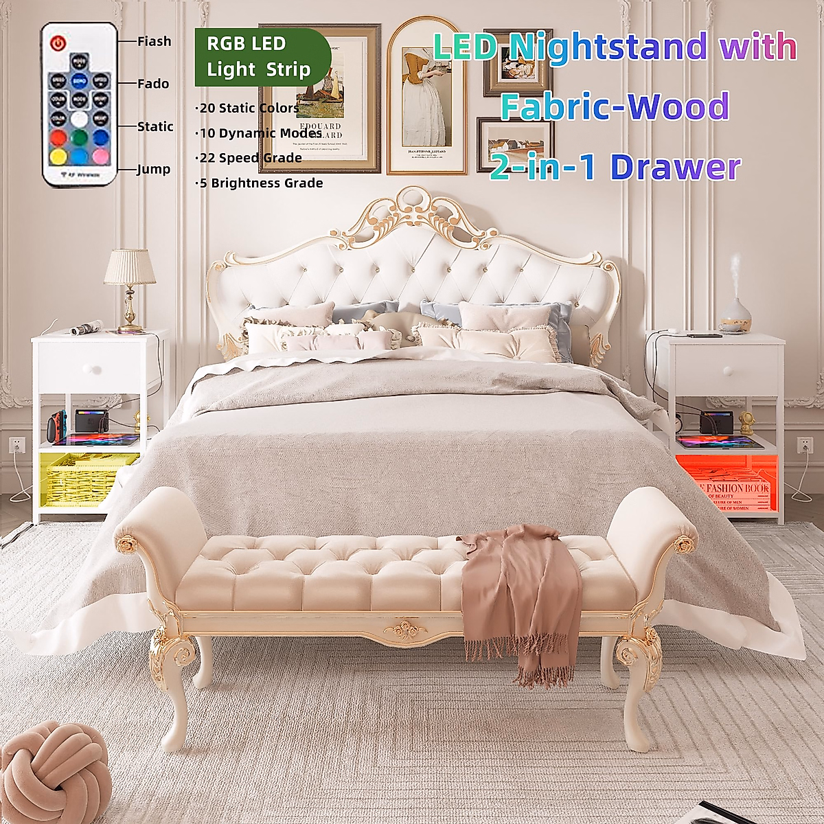 LTTDOUK LED Nightstands Set of 2 with Charging Station, Bedside Tables with USB Ports and Outlets, End Table with Fabric-Wood 2-in-1 Drawer, White Side Table for Bedroom, Living Room